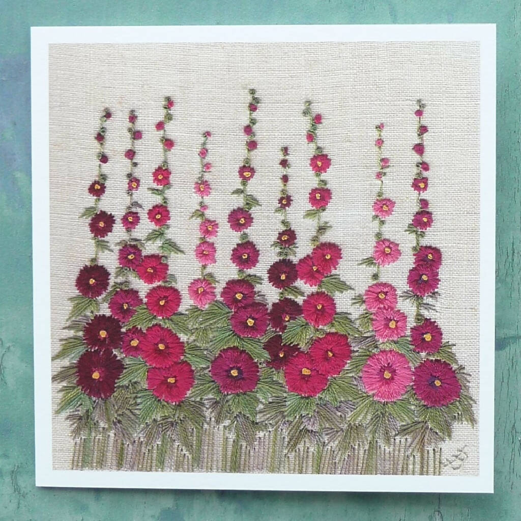 Hollyhocks greetings card by Jo Butcher Embroidery Artist | Country ...